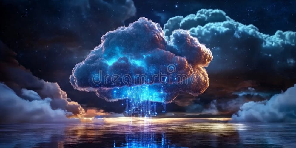 Cloud Computing Data Exchange Raining Over Water at Night with Stars ...