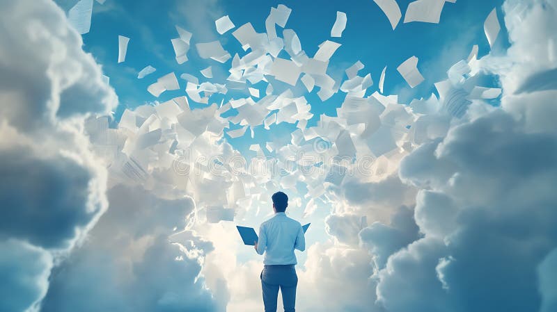 Cloud Computing Data Management Man with Laptop Document Flow ...
