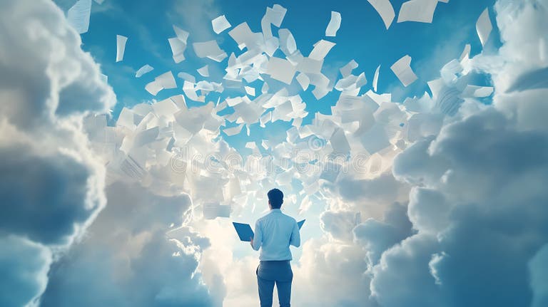 Cloud Computing Data Management Man with Laptop Document Flow Information Overload Paperless ...