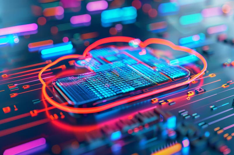 Cloud Computing Data with Neon Glow on Motherboard, Conceptual Image of ...