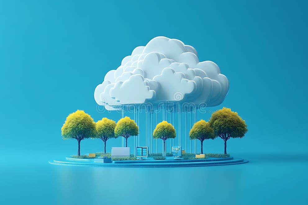 Cloud Computing Data Raining on Green Trees, 3D Render Stock ...