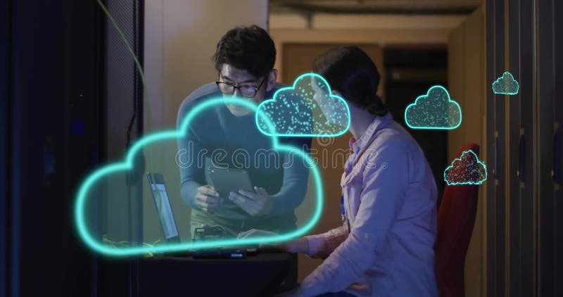 Cloud Computing and Data Storage Animation Over Two People Working in ...