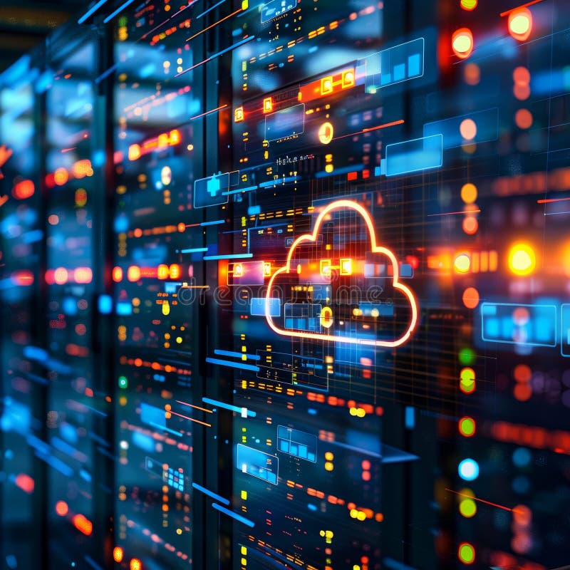 Cloud Computing and Data Storage Glowing Cloud Icon Over Servers, Big Data Technology Stock ...