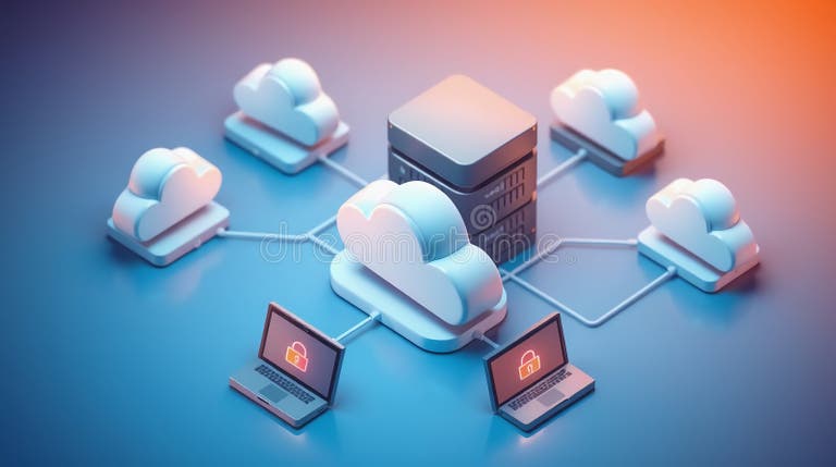 Cloud Computing and Data Storage Illustration with Laptops, Server, and ...