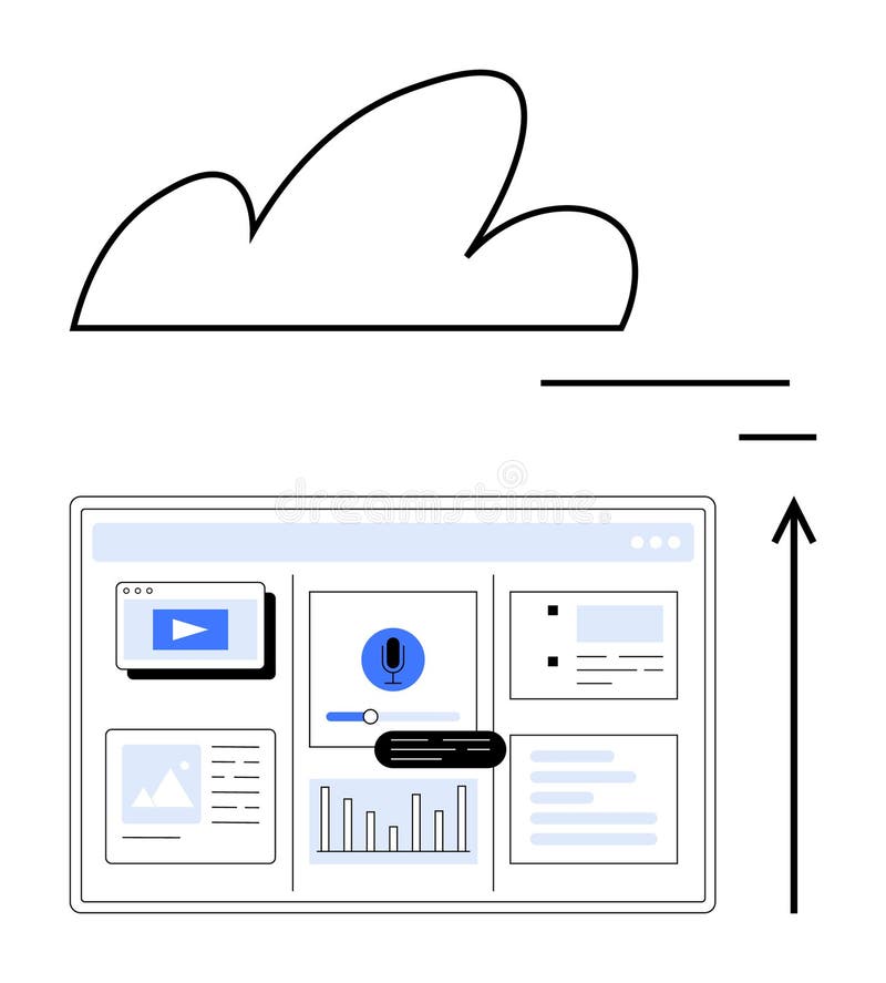 Cloud Computing And Data Synchronization Workflow With Graphic Interface Elements Stock