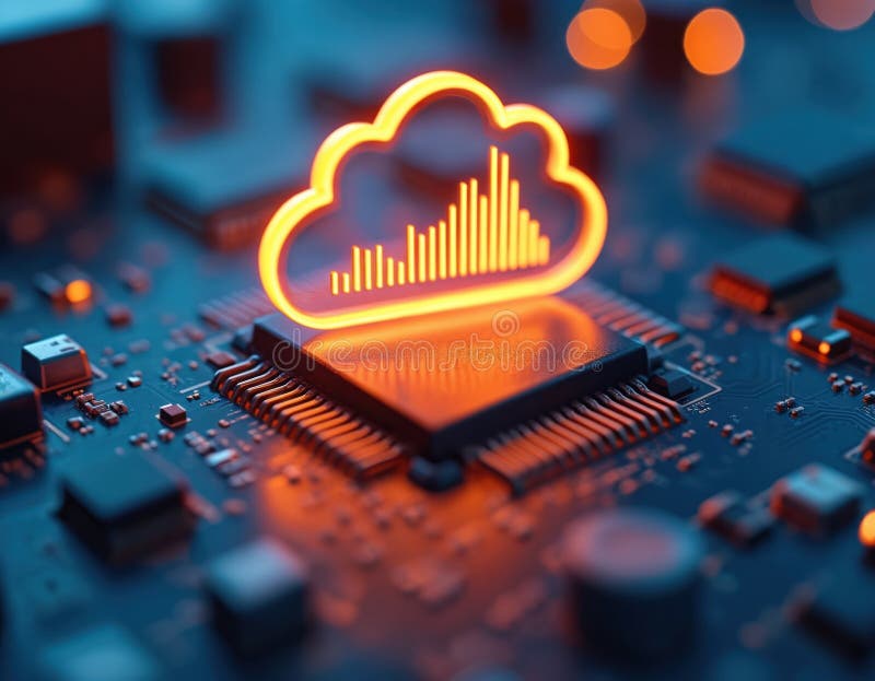 Cloud Computing Data Transfer Concept with Illuminated Cloud Graphic on Circuit Board. Server ...