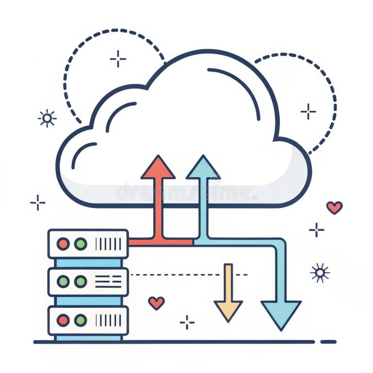 Cloud Computing Data Transfer, Line Art Illustration, Isolated on White Background, Cloud ...