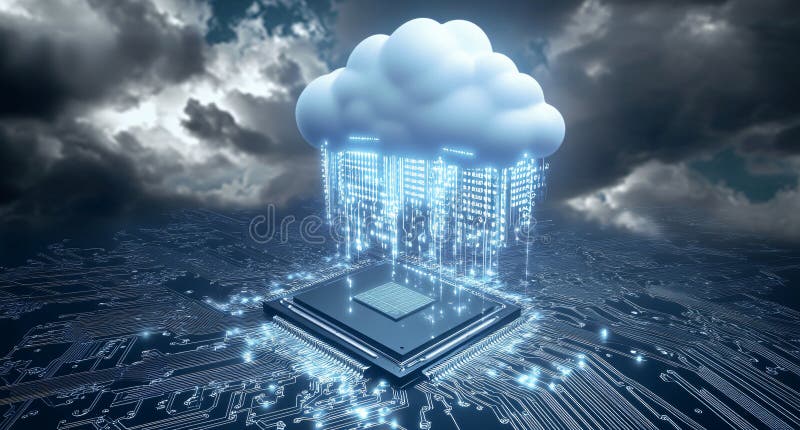 Cloud Computing Data Transfer To Cpu Via Cloud High Quality Image Stock Illustration