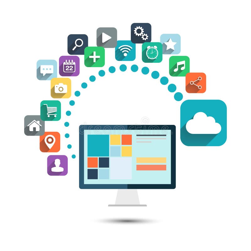 Cloud Computing. Desktop Computer with Web Icons Vector Illustration ... Cloud Computing. Desktop Computer with Web Icons Vector Illustration ...
