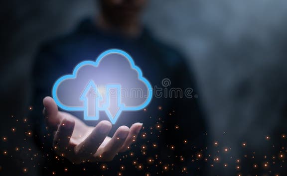 Cloud Computing Diagram Show on Man Hand. Cloud Technology. Data Storage. Networking and ...