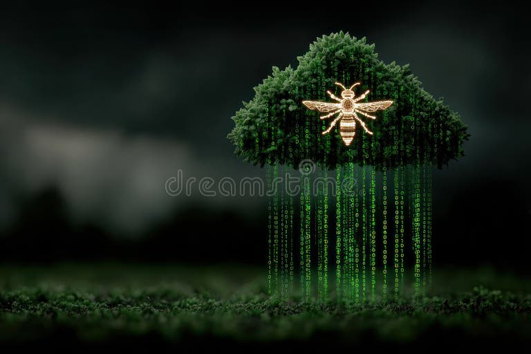 Cloud Computing with Digital Bee Symbol and Green Binary Code Rain Represents Business ...