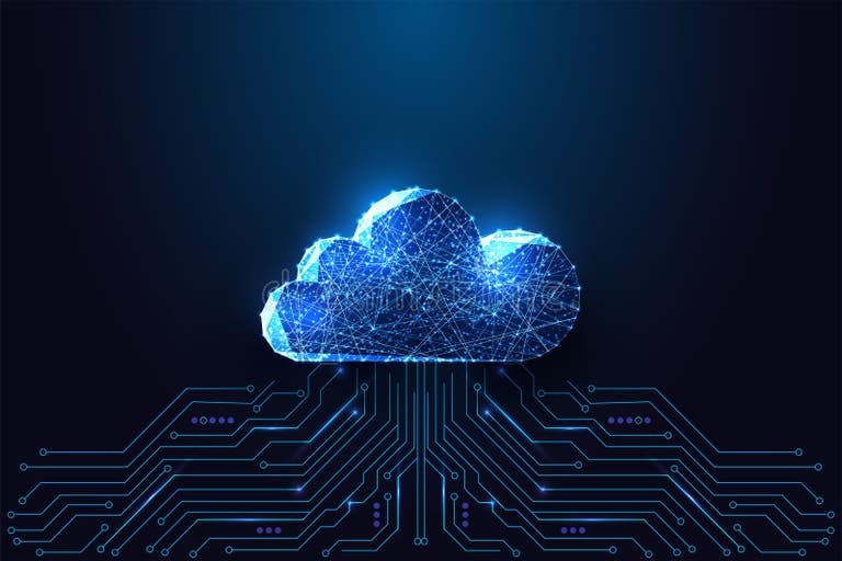 Cloud Computing, Digital Storage with Glowing Polygonal Cloud and Circuit Board, Vector ...