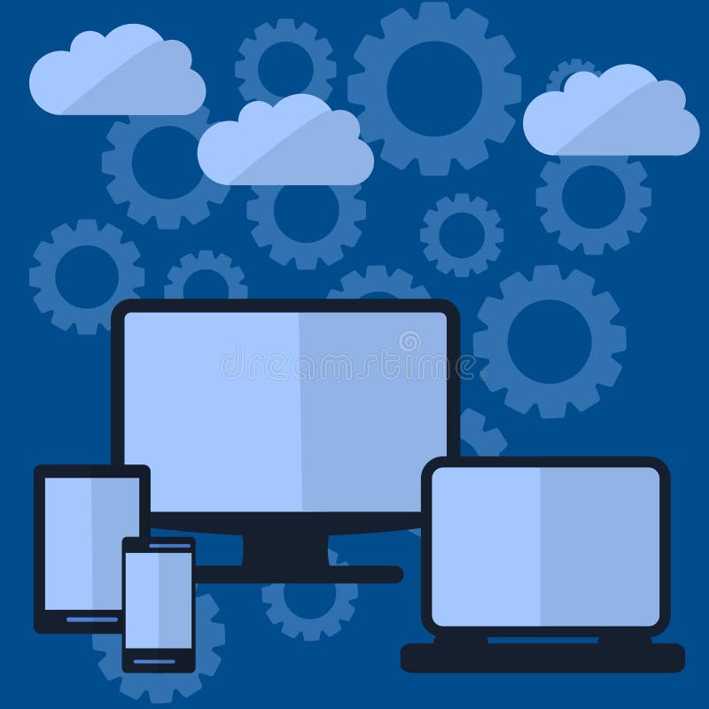 Cloud Computing Elements Concept. Devices Connected To the Cloud with Gears Stock Vector ...