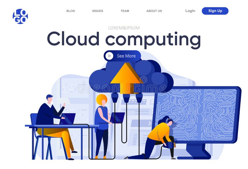 Cloud Computing Flat Landing Page Engineers Servicing Cloud Database System Vector Illustration