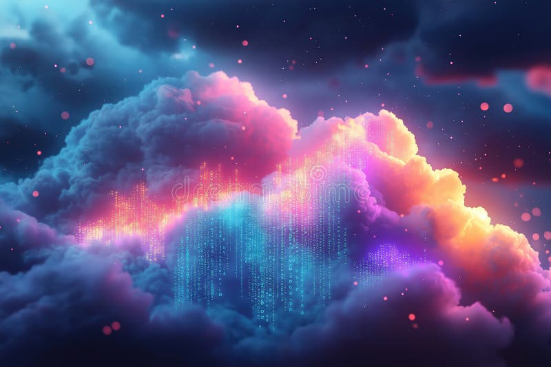 Cloud Computing Growth Symbolized by Binary Code Rain Falling from Colorful Clouds Stock ...