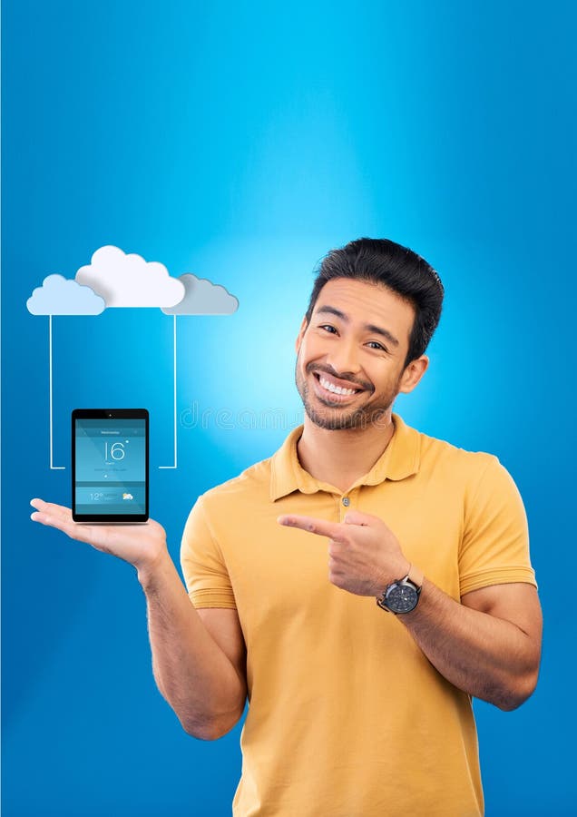 Cloud Computing, Happy Man and Phone for Networking, Computer System and Information Technology ...