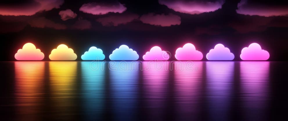 Cloud Computing Icon Depicted in Neon Style with Glowing Outlines and ...