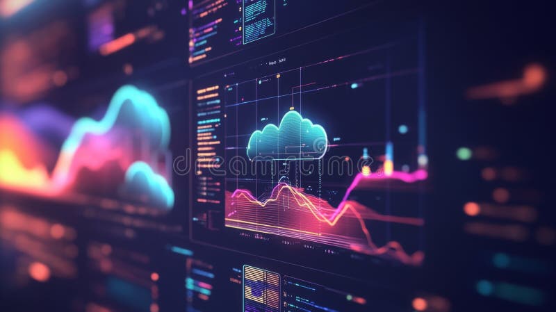 A Cloud Computing Icon is Displayed on a Screen with Graphs Showing ...