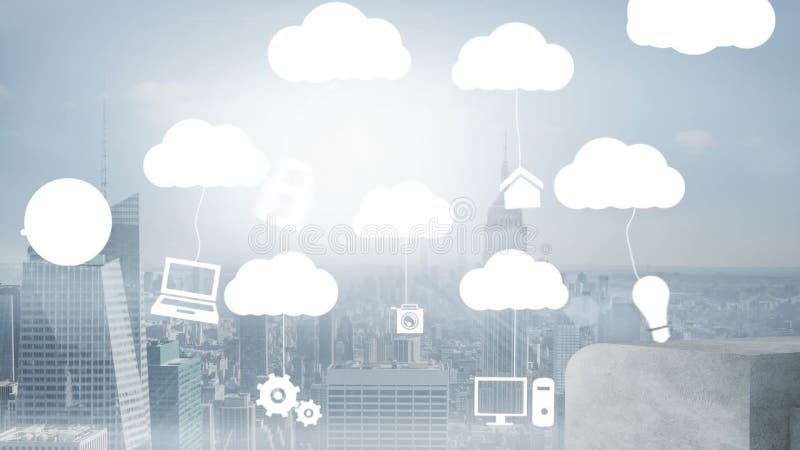 Cloud Computing Icons Animation Over Cityscape with Skyscrapers Stock ...