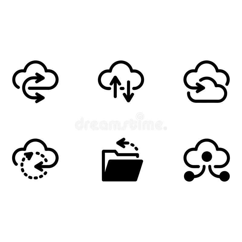 Cloud Computing Icons Data Transfer Synchronization and Network Symbols in Bold Black Style ...
