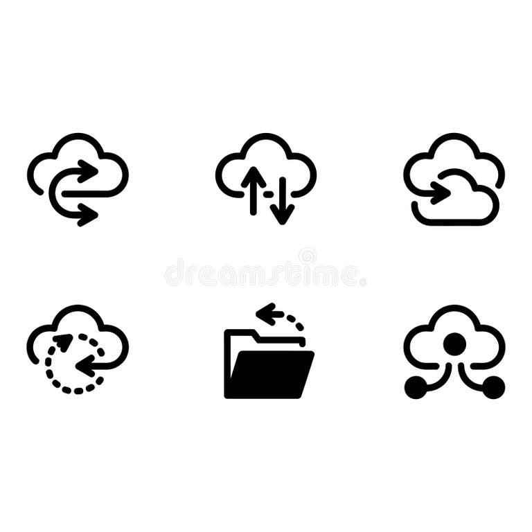 Cloud Computing Icons Data Transfer Synchronization and Network Symbols in Bold Black Style ...