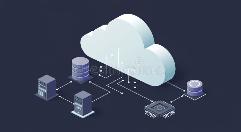 Cloud Computing Illustration Featuring a Large 3D Cloud Symbol Connected To Various Stock ...
