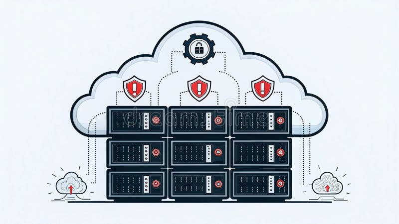 Cloud Computing Illustration with Servers, Security Icons, and Alerts Stock Illustration ...