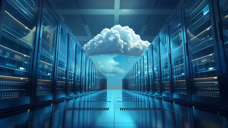 Cloud Computing Infrastructure with Rows Servers Glowing Cloud in Center, Hardware Binary Code ...