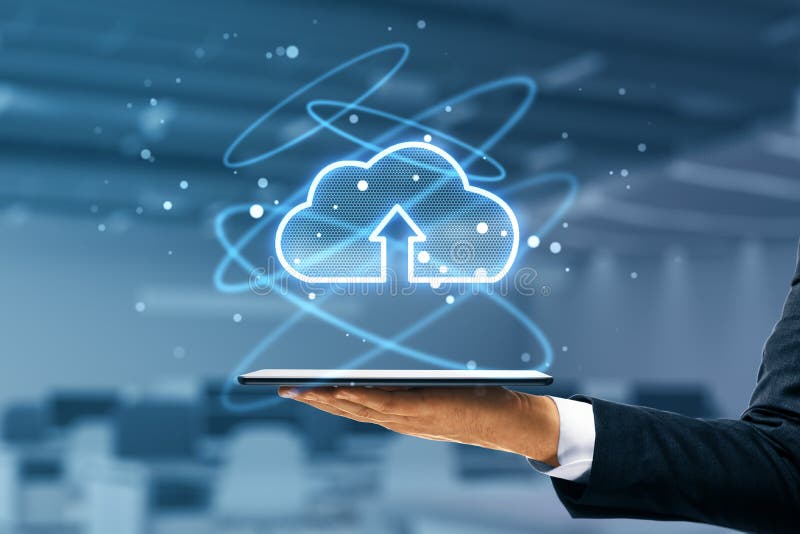 Cloud Computing and Innovation Concept. Businessman Hand Holding Tablet ...