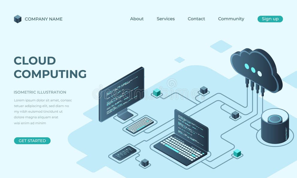 Cloud Computing Isometric Landing Page. Cloud Storage Server. Cloud Computing Online Database ...