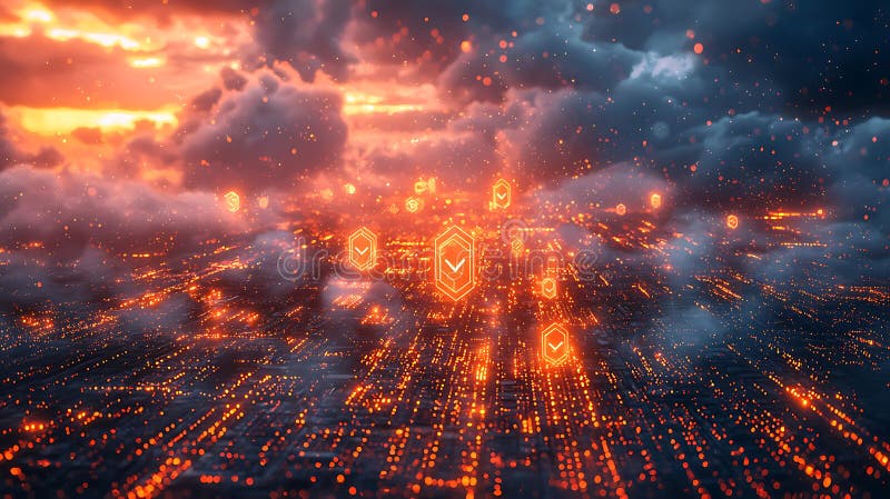 Cloud Computing Landscape with Glowing Icons and Vibrant Sunset Sky ...