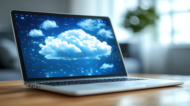 Cloud Computing Laptop Screen in Home Office Stock Illustration ...