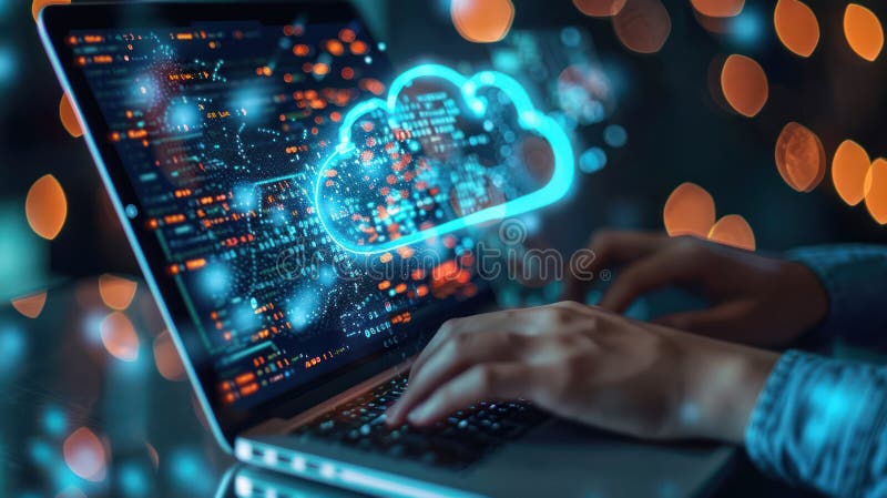 Cloud Computing with Laptop User and Binary Code Graphic Stock Illustration - Illustration of ...