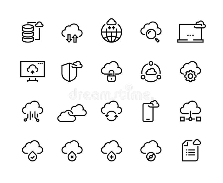 Cloud Computing Line Icons. Data Storage Technology Information Infrastructure System Data ...