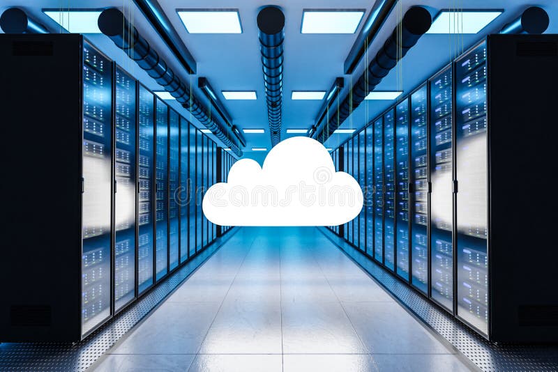 Cloud Computing Logo in Large Modern Data Center with Multiple Rows of ...