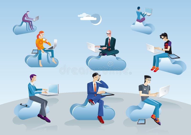 Cloud Computing Men Sitting in Clouds with Icons Stock Vector ...