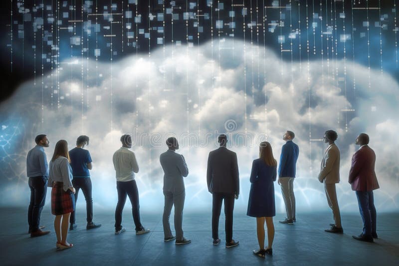 Cloud Computing Metaphor, a Group of People Standing by a Data Cloud ...
