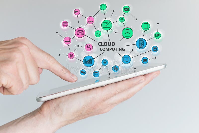 Cloud Computing and Mobile Computing Concept. Hand Holding Tablet or ...