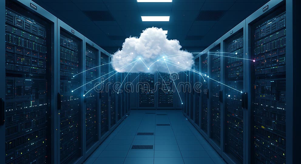 Cloud Computing Network Connecting To Data Servers in Room Stock Illustration - Illustration of ...