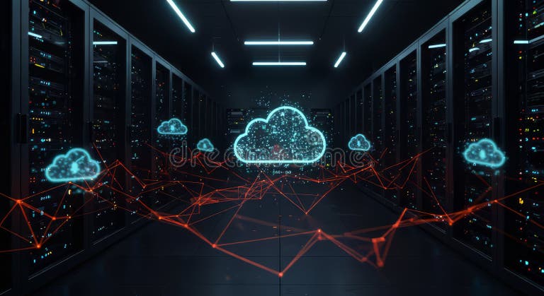 Cloud Computing Network Data Center Server Room with Connection Points Stock Illustration ...