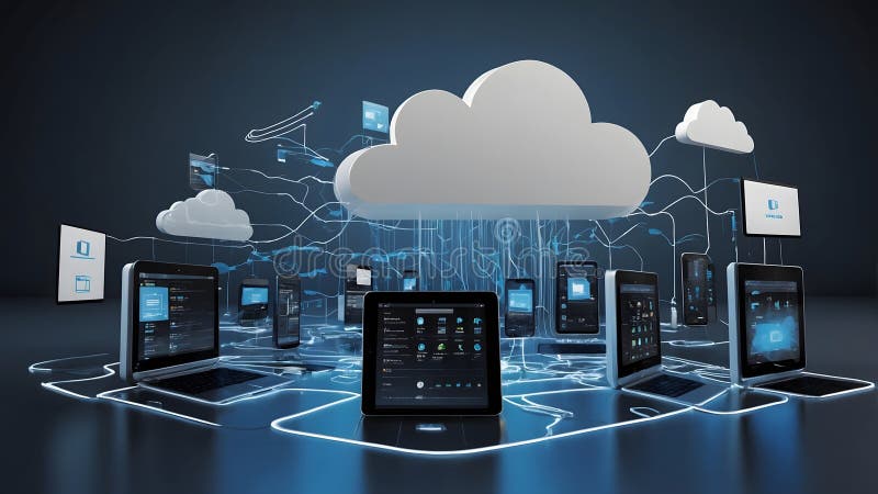 Cloud Computing Network Data Flow And Connected Devices †Vector Illustration Stock