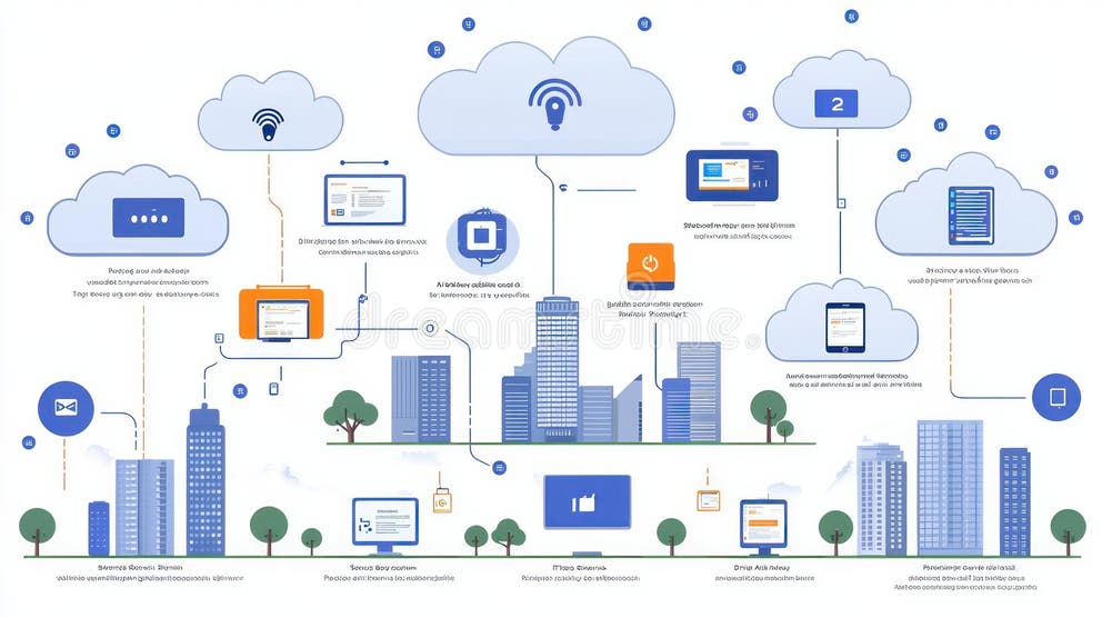 Cloud Computing Network Diagram with Cityscape Various Devices ...