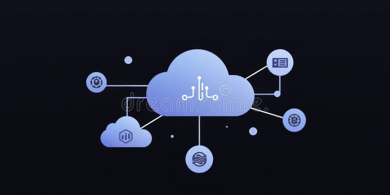 Cloud Computing Network Icon with Dynamic Data Symbols and Dark Gradient Background Stock ...