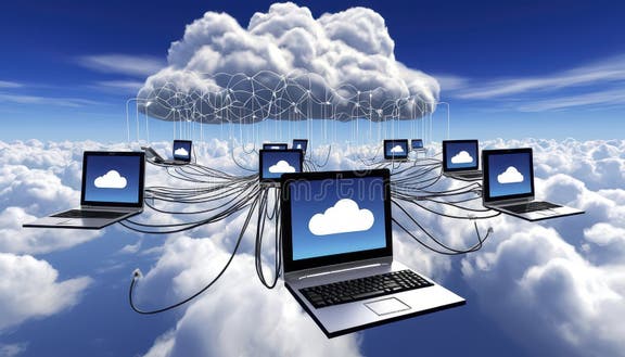 Cloud Computing Network with Interconnected Laptops Floating in the Sky ...