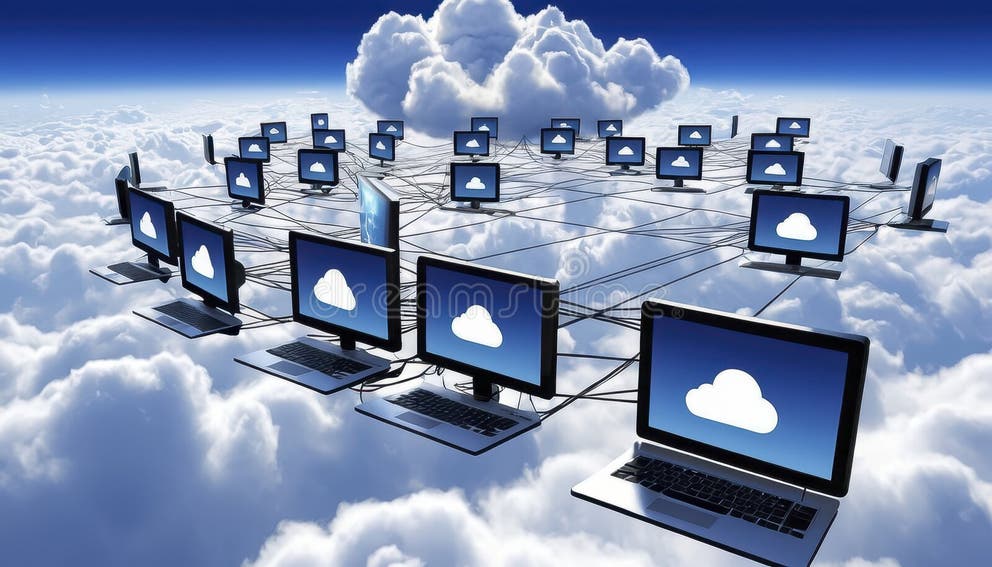 Cloud Computing Network with Interconnected Laptops Floating in the Sky ...