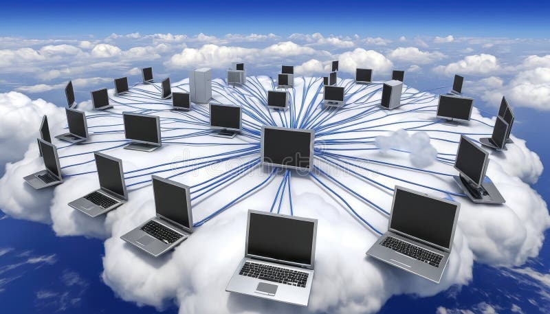 Cloud Computing Network with Interconnected Laptops Floating in the Sky ...