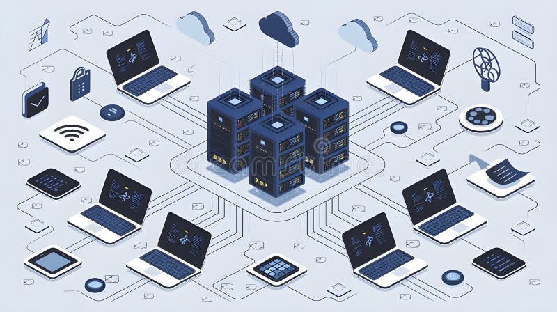 Cloud Computing Network with Laptops and Servers Isometric Illustration ...