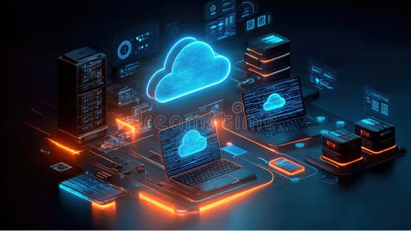 Cloud Computing Network Shows Laptop Computer, Server and Mobile Device ...