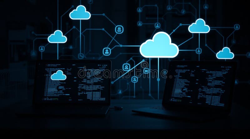 Cloud Computing Network Visualized On Laptops Displaying Code Data Transfer And Connectivity