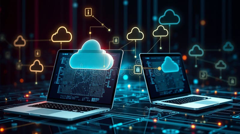 Cloud Computing Network Visualized on Laptops, Showcasing Data Transfer and Connectivity Stock ...